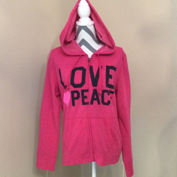 Mossimo Supply Co. | Tops | Mossimo Hot Pink Love Peace Zipper Hoodie ...